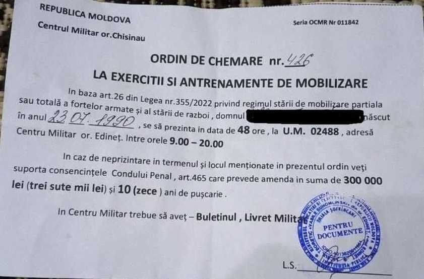 Ordin fals de chemare a cetăţenilor R. Moldova la exerciţii militare ...